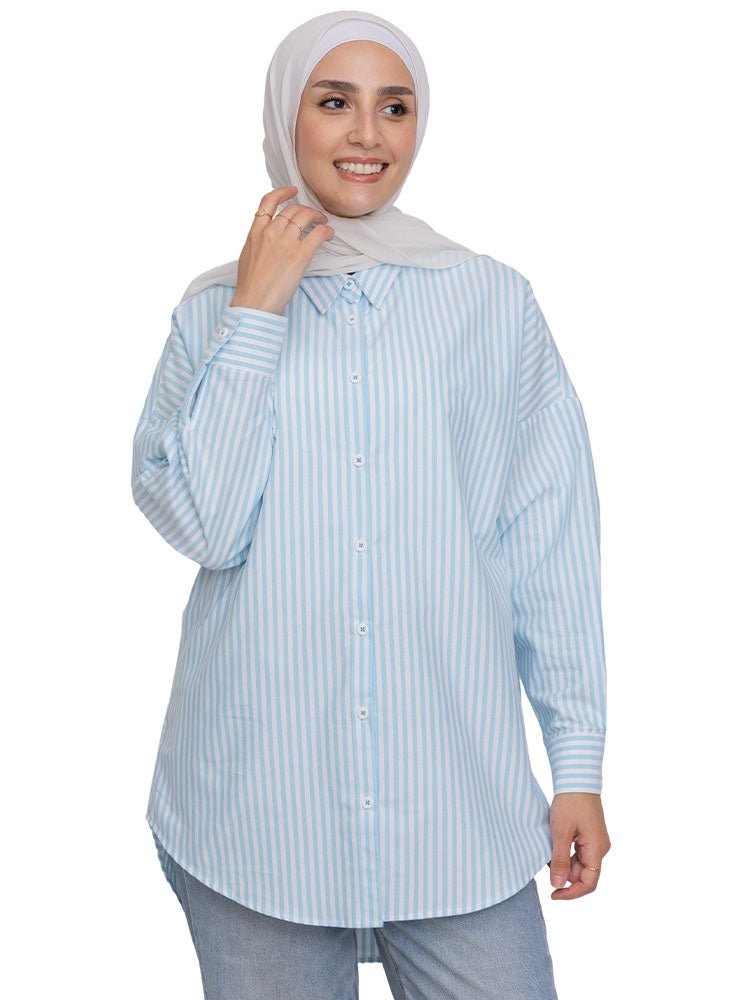 قميص اوفر سايز مقلم تصميم 2 - بيبي بلو – Khotwh