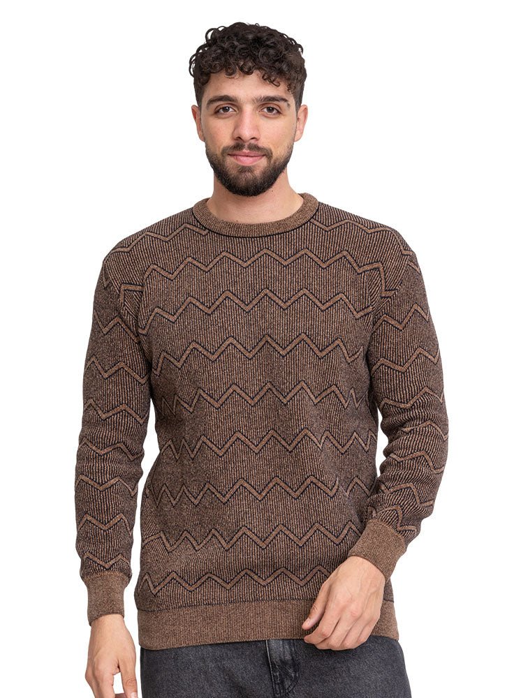 Men Pullovers | Brown Zigzag Round Pullover Essential – Khotwh