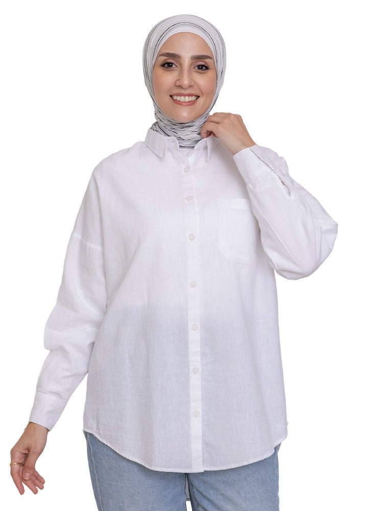 Women's Shirts | White Pocket Over Size Linen Shirt – Khotwh